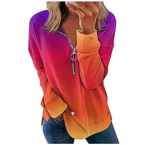 Fall Quarter Zip Collar Sweatshirts for Women Lapel Long Sleeve Blouses Pullover Graphic Comfy Tunic Top Oversized Quarter Zip Shirts Loose Fitting Fashion Top Tees Printed Vintage Blouse