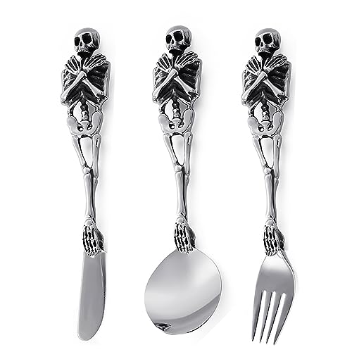 Silverware Set Handmade Skull Skeleton Cutlery Set Premium Stainless Steel Utensils,Including Knife/Fork/Spoon,Cutlery Badass For Halloween Home Kitchen Gift For Gothic Lover