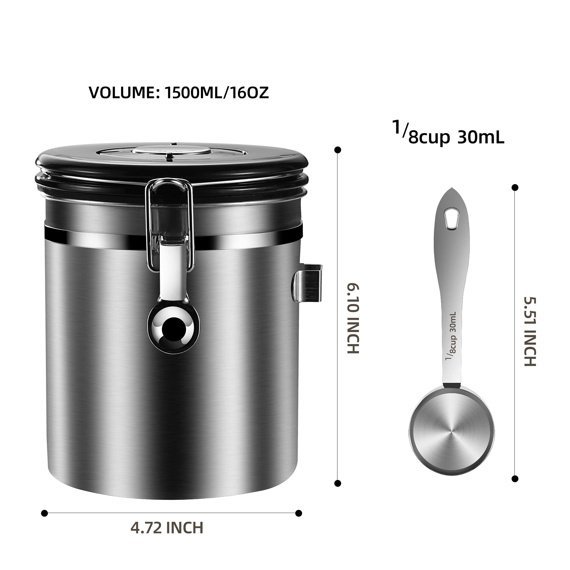 SUNWUKIN Coffee Canister, Airtight Stainless Steel Kitchen Food Storage Container with Date Tracker and Scoop for Beans, Grounds, Sugar, Tea, Flour, Cereal, Stainless Steel 22OZ