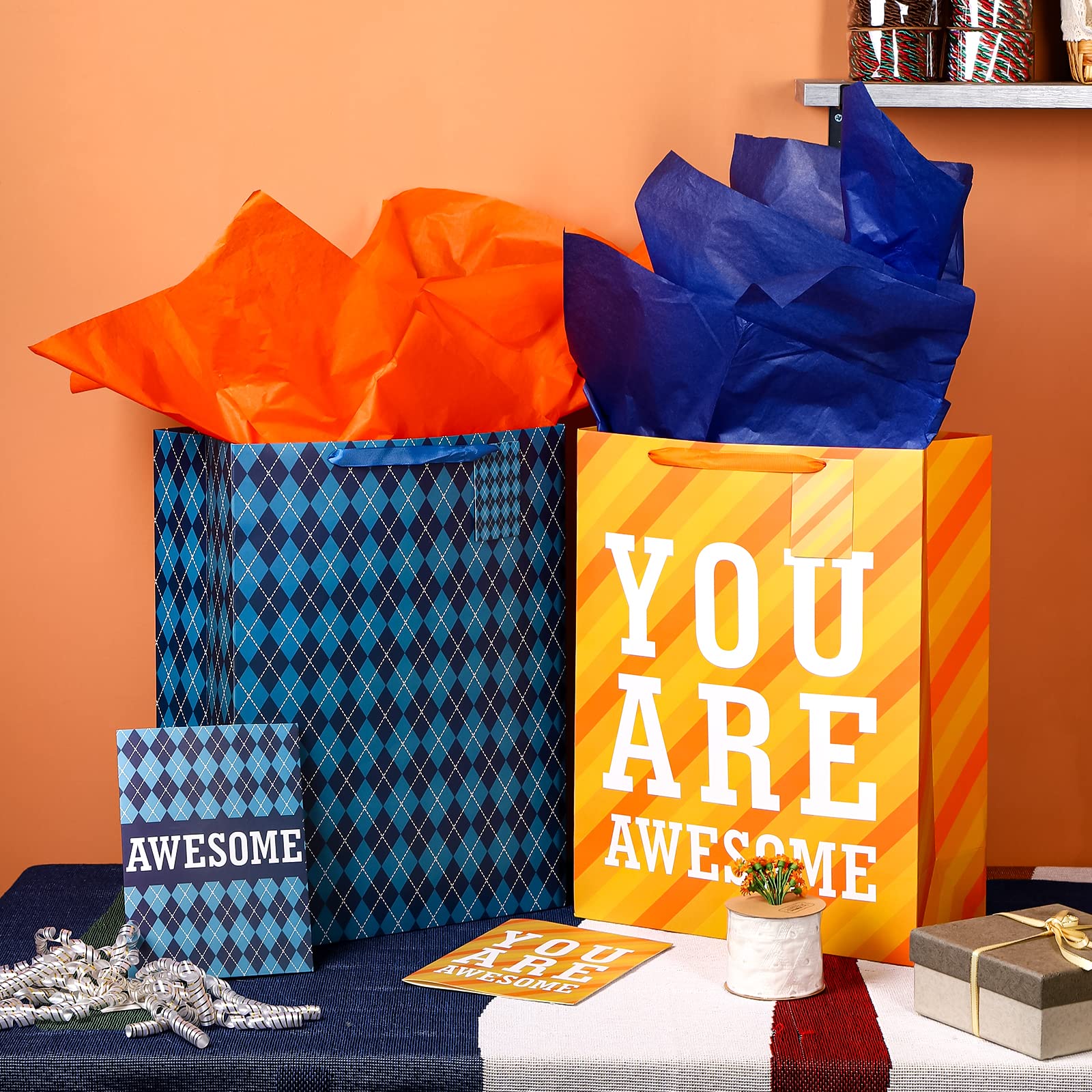 16.5" Gift Bags for Men, Boys, Father's Day - Extra Large Gift Bags with Greeting Card, Tag, Tissue Paper - 2 Pack