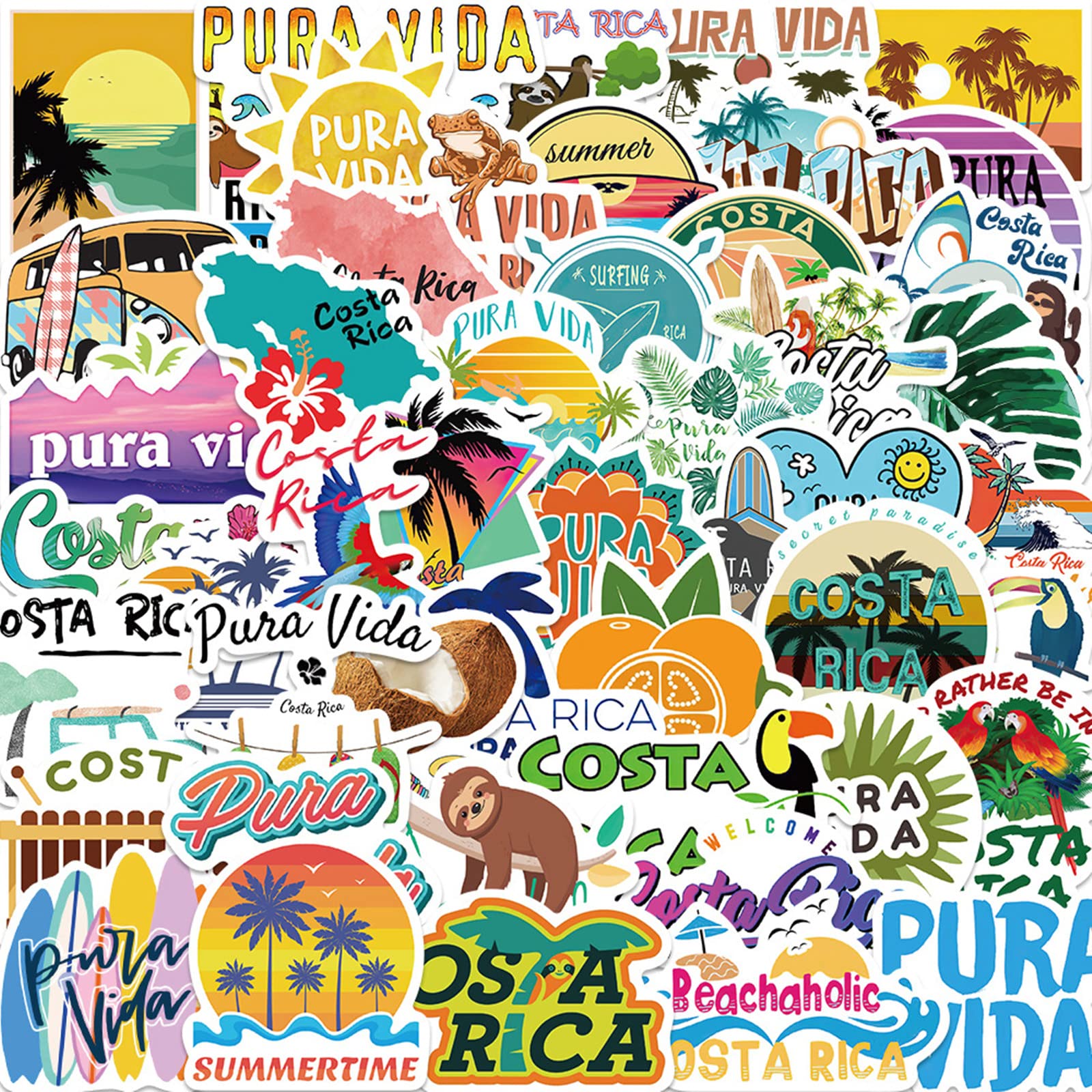 50Pcs Costa Rica Stickers Pack, Aesthetic Pura Vida Waterproof Vinyl Stickers for Water Bottle Laptop Scrapbook Journal, Summer Tropical City Decals for Kids Girls Teens Adults