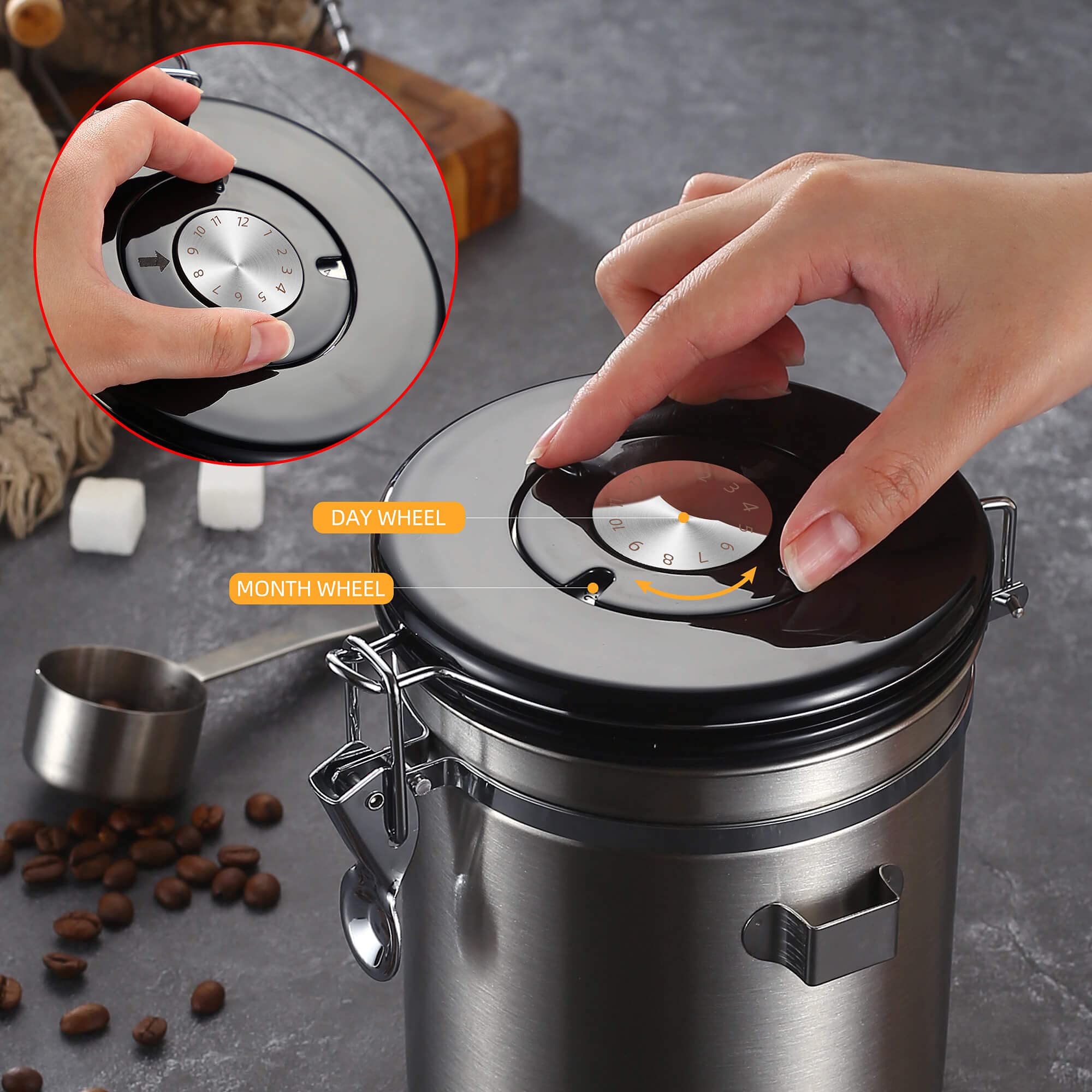 SUNWUKIN Coffee Canister, Airtight Stainless Steel Kitchen Food Storage Container with Date Tracker and Scoop for Beans, Grounds, Sugar, Tea, Flour, Cereal, Stainless Steel 22OZ