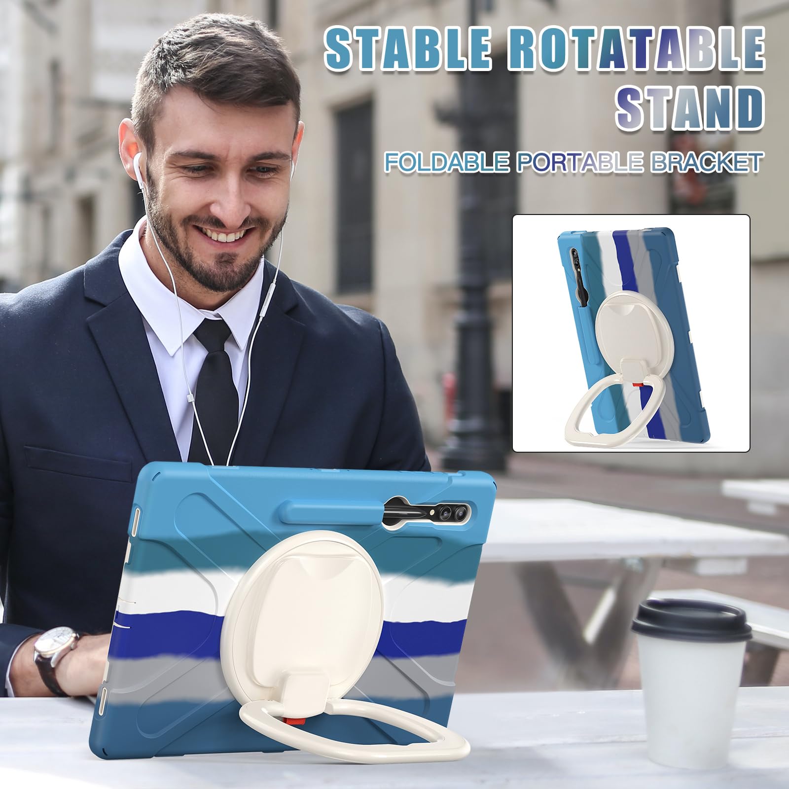 360 Rotation Case for Samsung Galaxy Tab S9 Ultra 14.6" Sturdy Cover Rotate Ring Stand Shoulder Carrying Strap Hand Strap Rugged Children Adults Outdoor Case (Colourful Blue)
