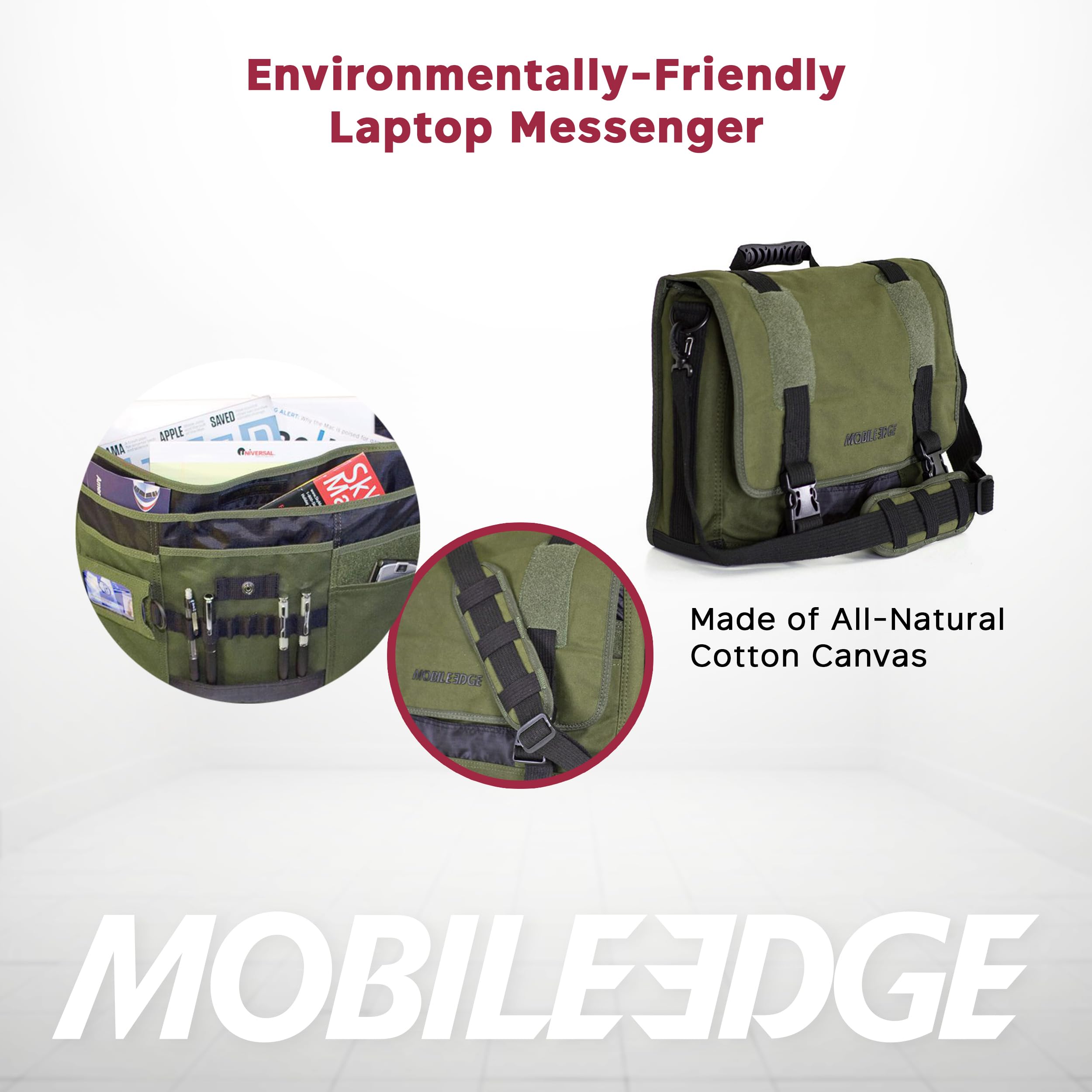 Mobile Edge ECO Laptop Messenger Bag for Men and Women, Fits Up To 17.3 Inch Laptops, Cotton Canvas, Olive Green, MECME9