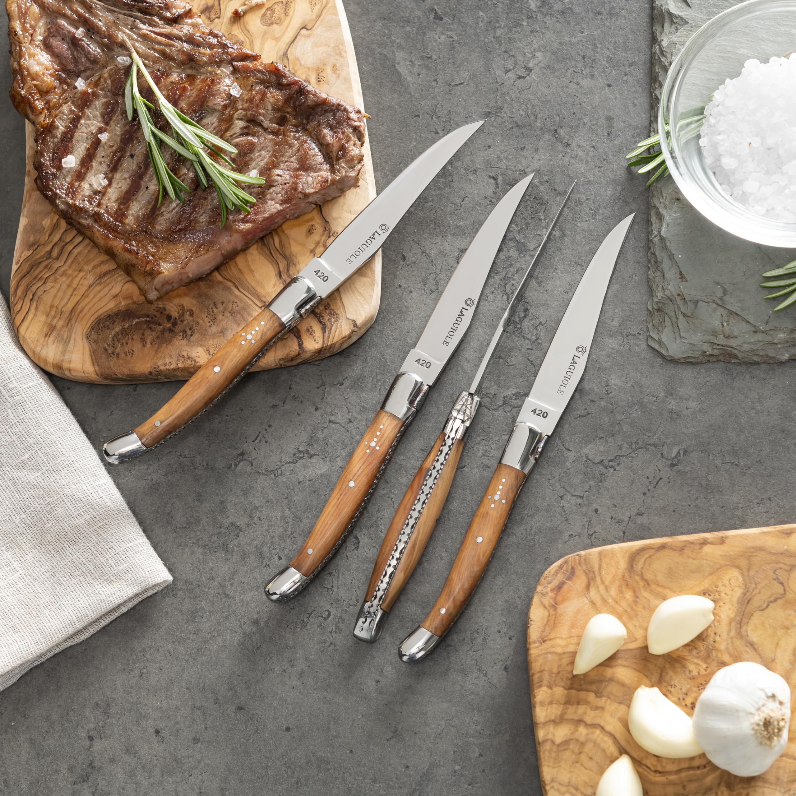 AU NAIN Laguiole Set of 4 Solid Stainless Steel Steak Knives (Olive Wood Handles) – Silverware Set – Laguiole Knives – Steak Knives – 4 Steak Knife Set – Cutlery Set For 4 - Dinner Knives
