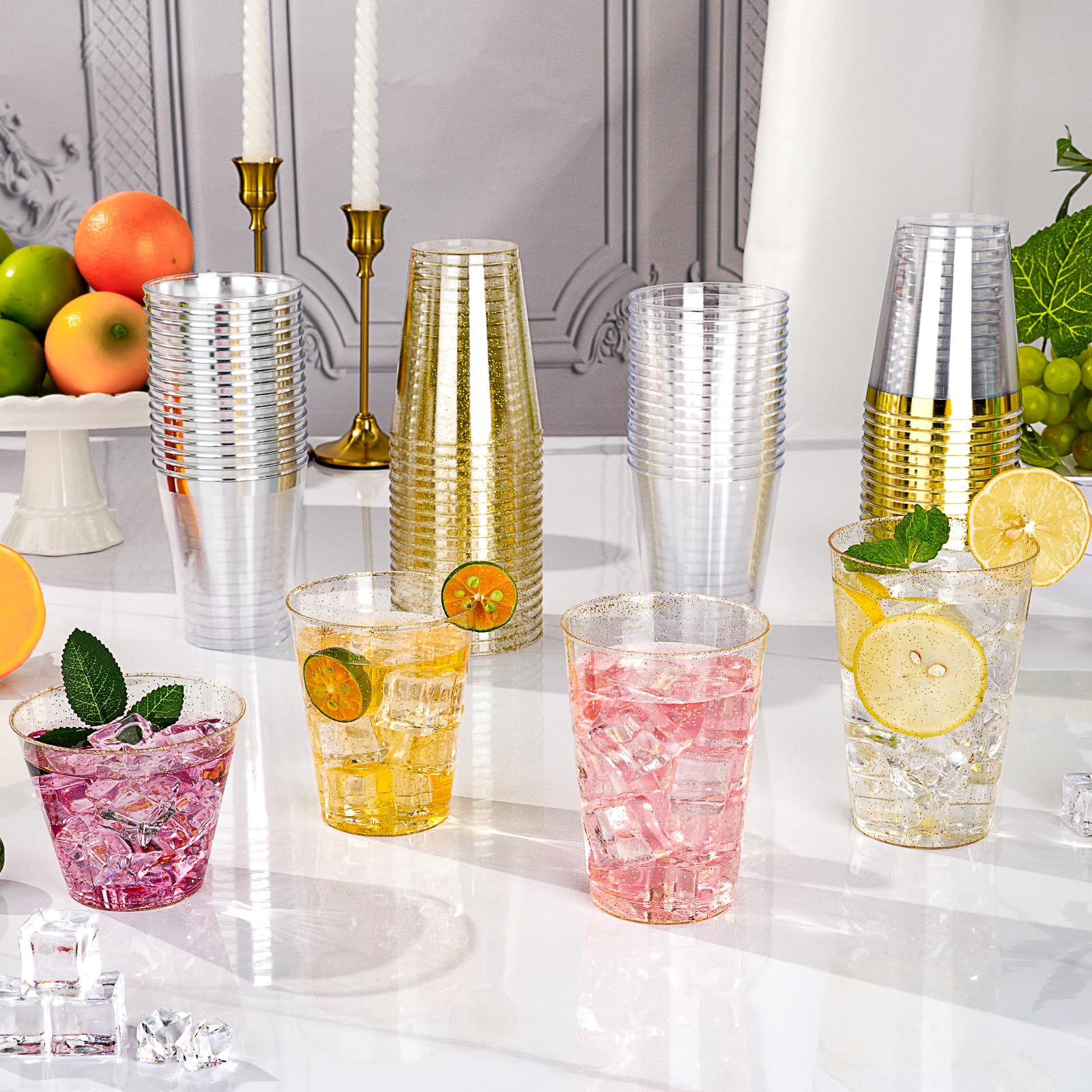 Goodluck 14 oz 50 PCS Gold Glitter Plastic Cups, Disposable Glitter Cups, Elegant Plastic Cocktail Glasses, Fancy Party Cups for Wedding, Birthday, Holiday