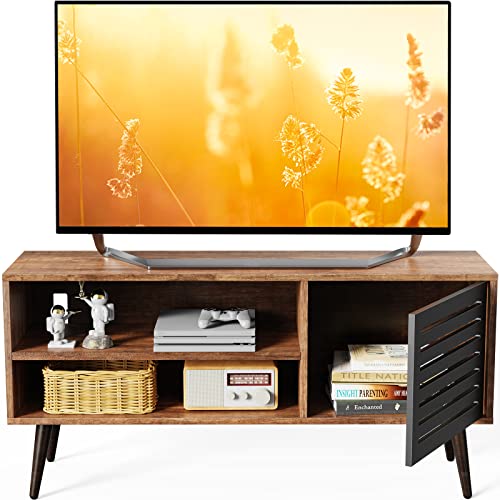 Retro TV Stand for TV up to 55 Inch, TV Console Table & Entertainment Center Mid Century Modern TV Stand with Adjustable Shelf for Living Room, Pop Up Door TV Cabinet Holds up to 110 lbs, FMRTS02B1