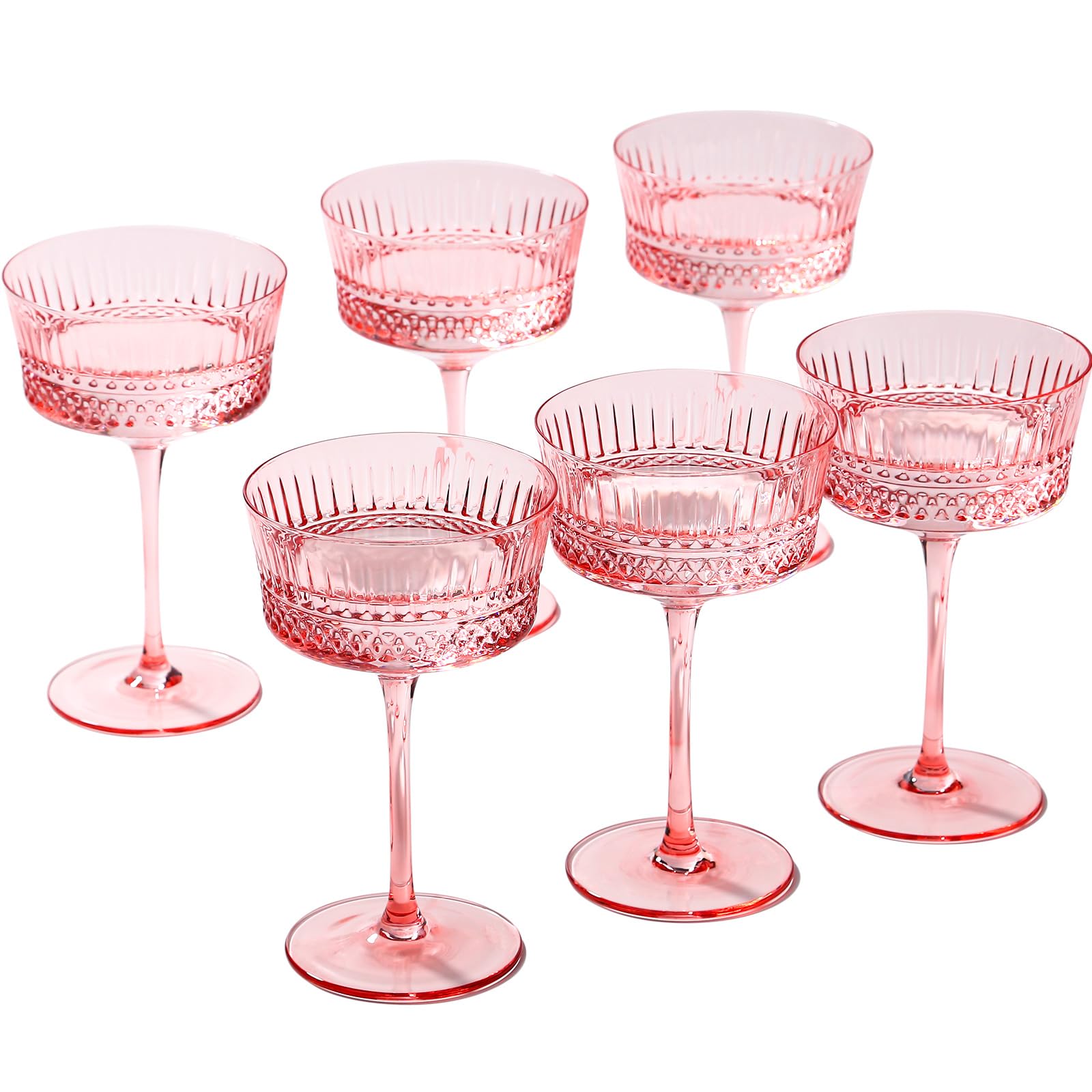 Physkoa Pink Vintage Coupe Glasses 9.3 oz Art Deco Coupe Glasses Set of 6-Crystal Martini Cocktail Glasses-Vintage Cocktail Glasses Set-Classic Colored Coupe Glasses-Long Stem Glassware