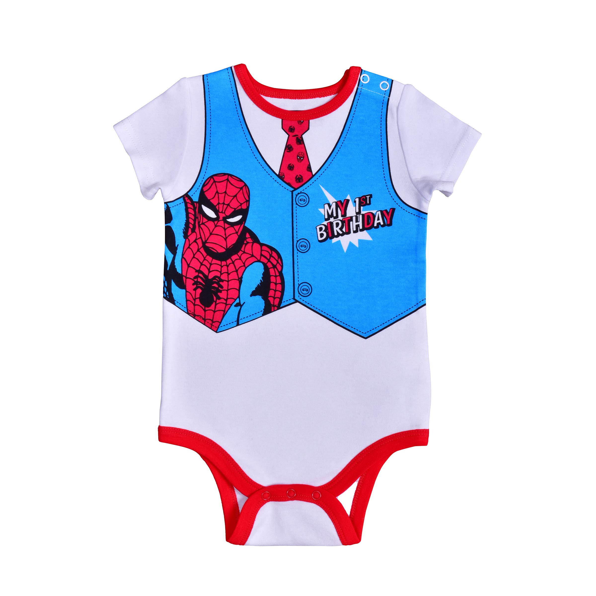 Marvel Spiderman Boys’ Short Sleeve 1st Birthday Bodysuit for Infant – Red/White