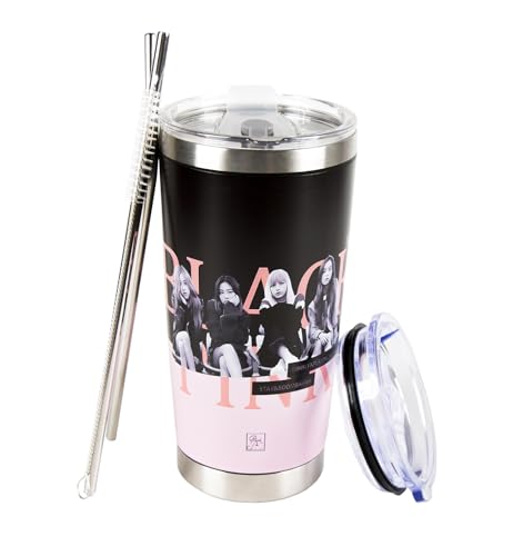 Maxerkeep 20OZ Tumbler with Leak-Proof Straw Lid & Flip Lid, 2 Metal Straws,1 Cleaning Brush,Insulated Coffee Mug Water Cup Black and Pink water bottle jisoo jennie rose lisa