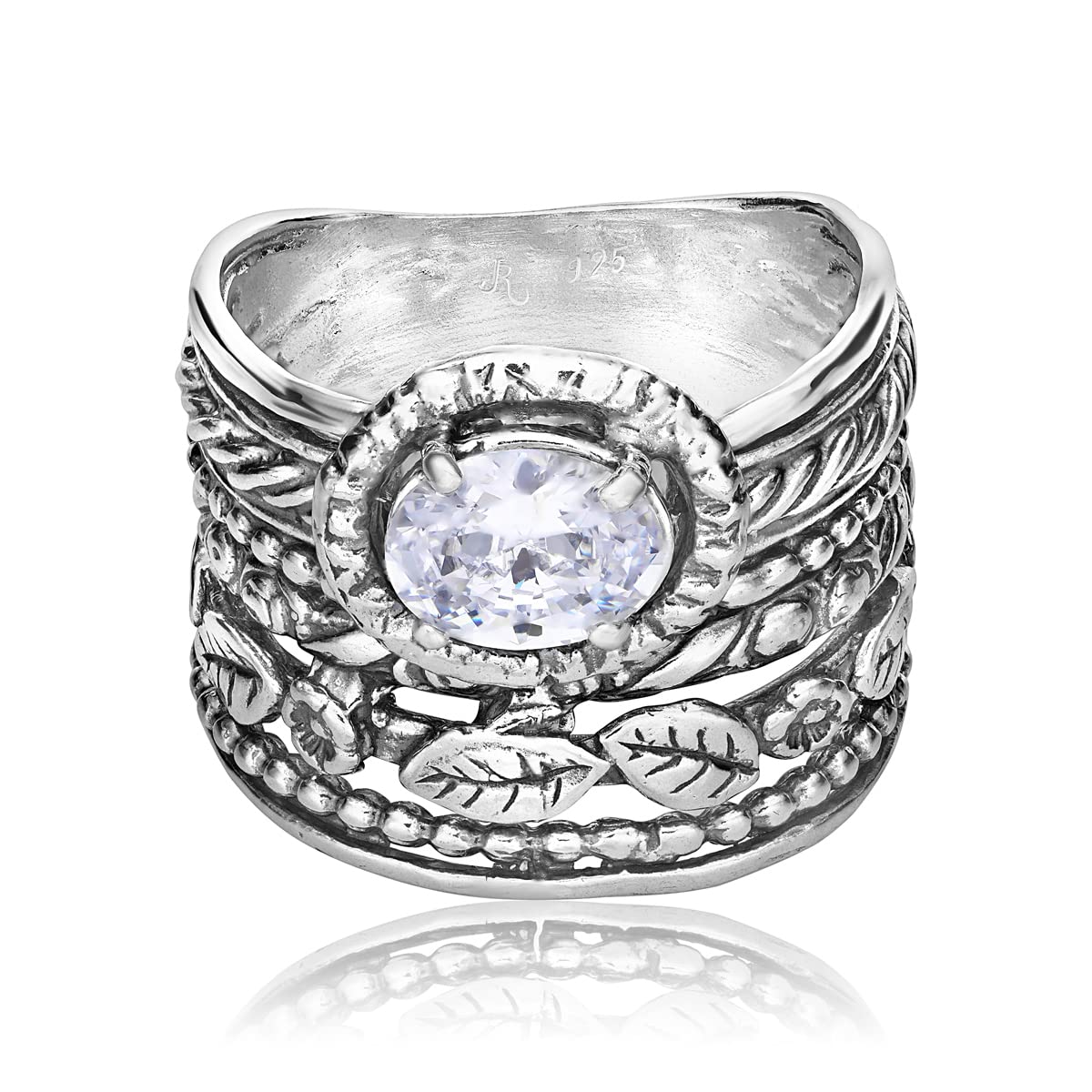 925 Sterling Silver Ring with White Cubic Zirconia Oval Shape Prong Multiple Bands Rich Stack Look Hypoallergenic, Nickel and Lead-free, Artisan Handcrafted Designer collection, Made In Israel