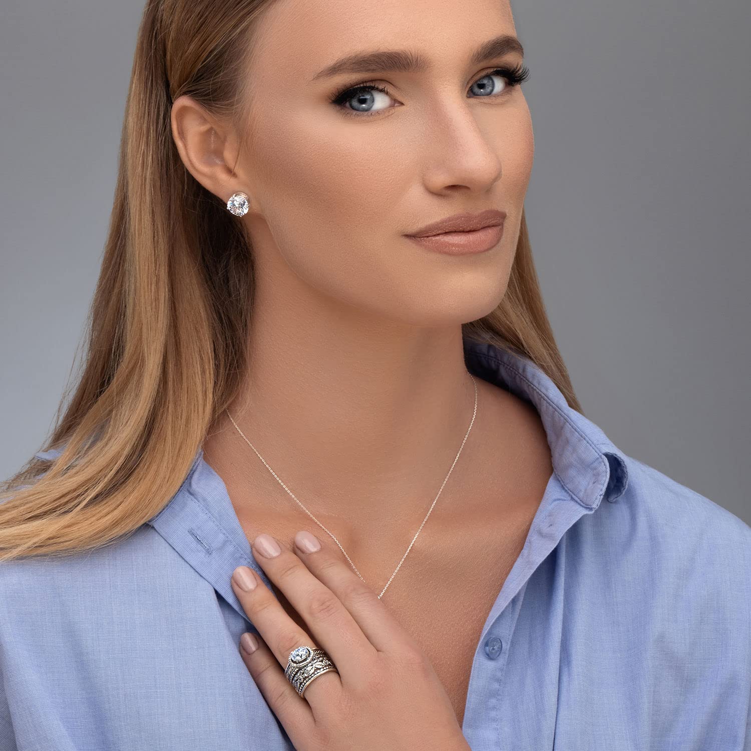 925 Sterling Silver Ring with White Cubic Zirconia Oval Shape Prong Multiple Bands Rich Stack Look Hypoallergenic, Nickel and Lead-free, Artisan Handcrafted Designer collection, Made In Israel