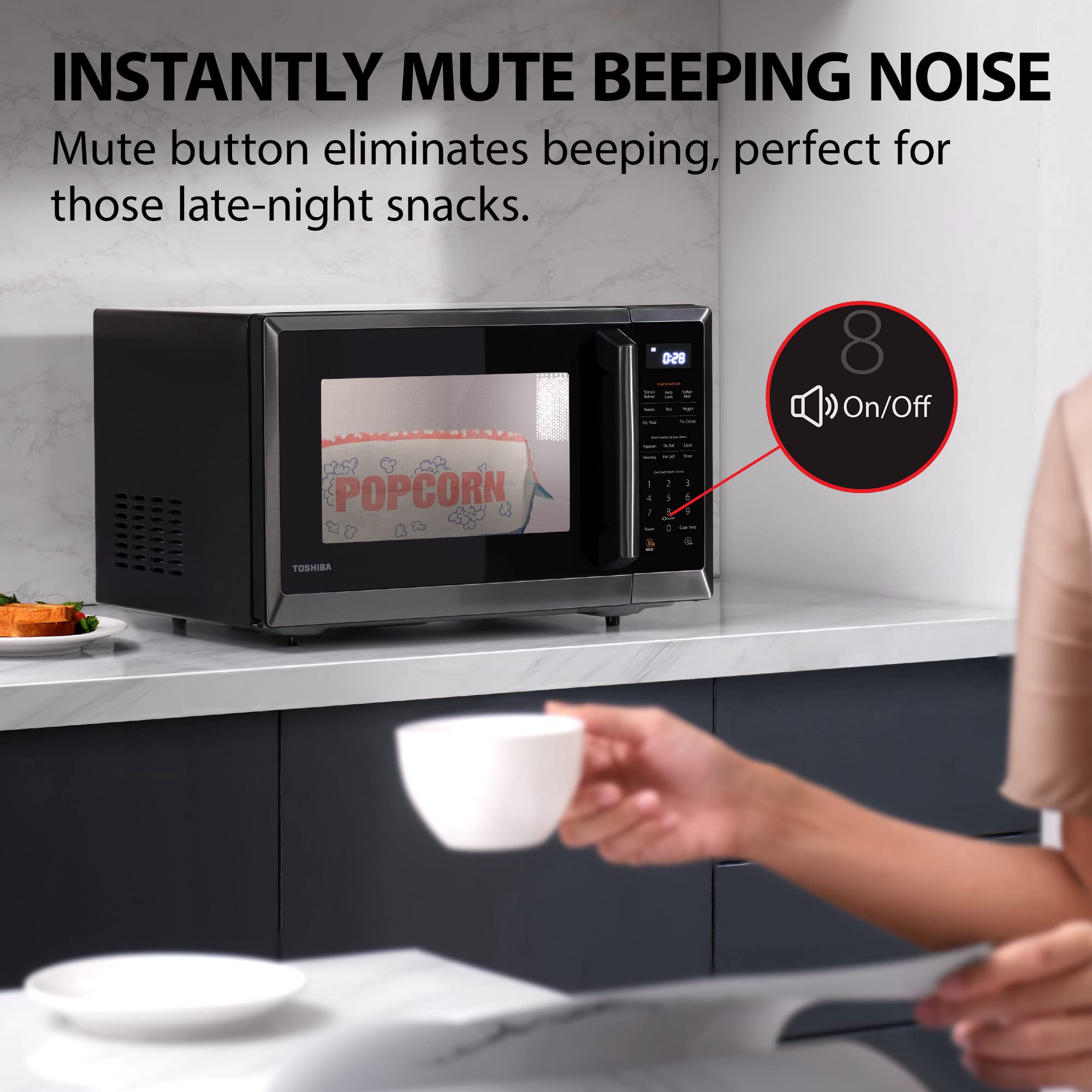 TOSHIBA ML2-EM12EA(BS) Countertop Microwave Oven With Stylish Design As Kitchen Essentials, Smart Sensor, ECO Mode & Mute Function, 1.2 Cu Ft With 12.4" Turntable, 1100W, Black Stainless Steel