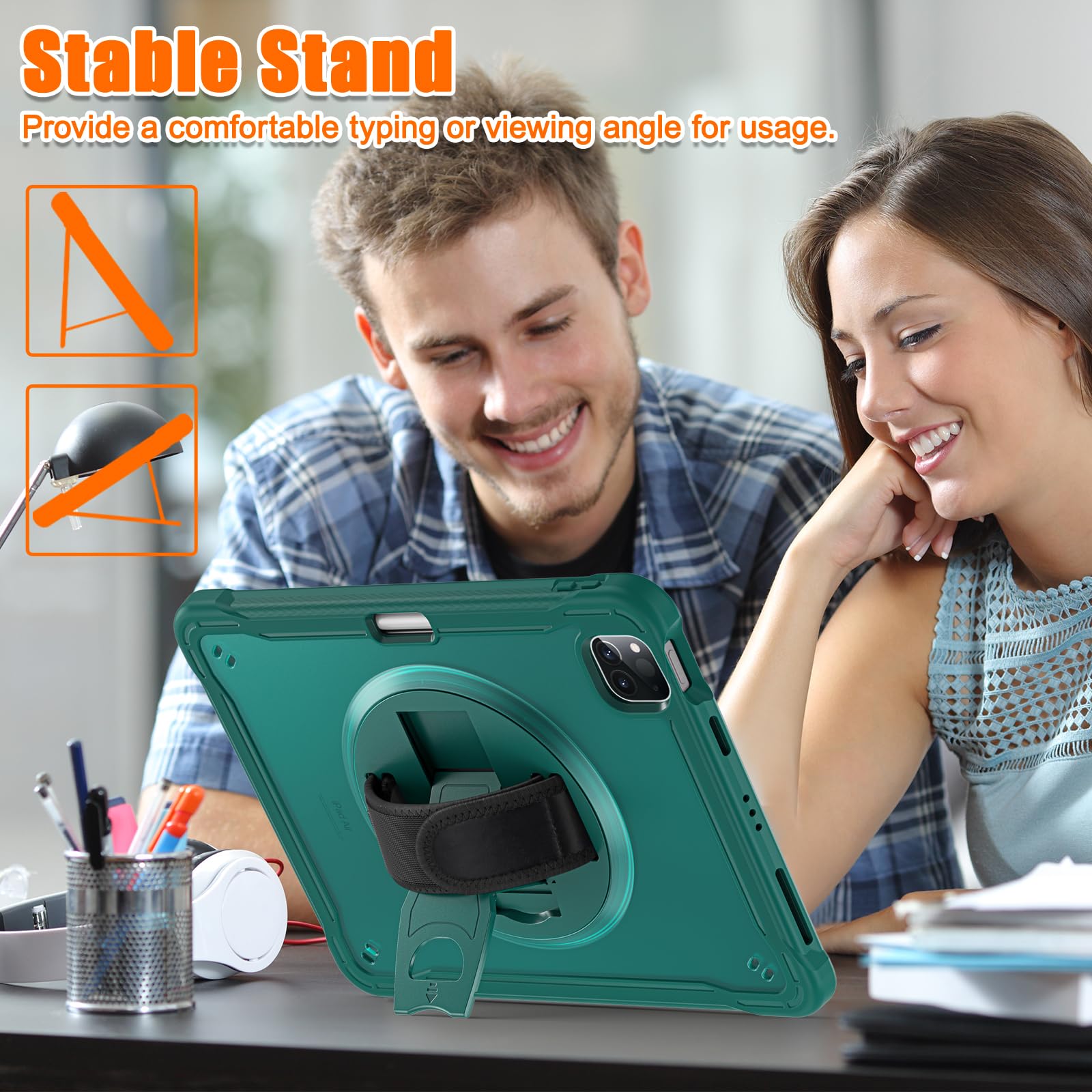 Batianda Case for iPad Pro 11-inch 2022 4th M2 Chip /2021 (3rd Generation) Heavy Duty Rugged Shockproof Tablet Cover with 360° Rotating Hand Strap Foldable Hidden Stand & Shoulder Strap, Teal