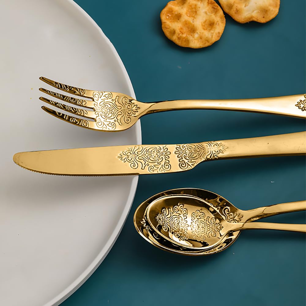 Cutlery Set for 6 Sterling Silver Silverware Set Forks Utensil Sets 24-PCS Apartment Essentials Kitchen Utensils Set Mirror Polished Glyphs Durable Ergonomic Dishwasher Safe Family Gatherings Silver