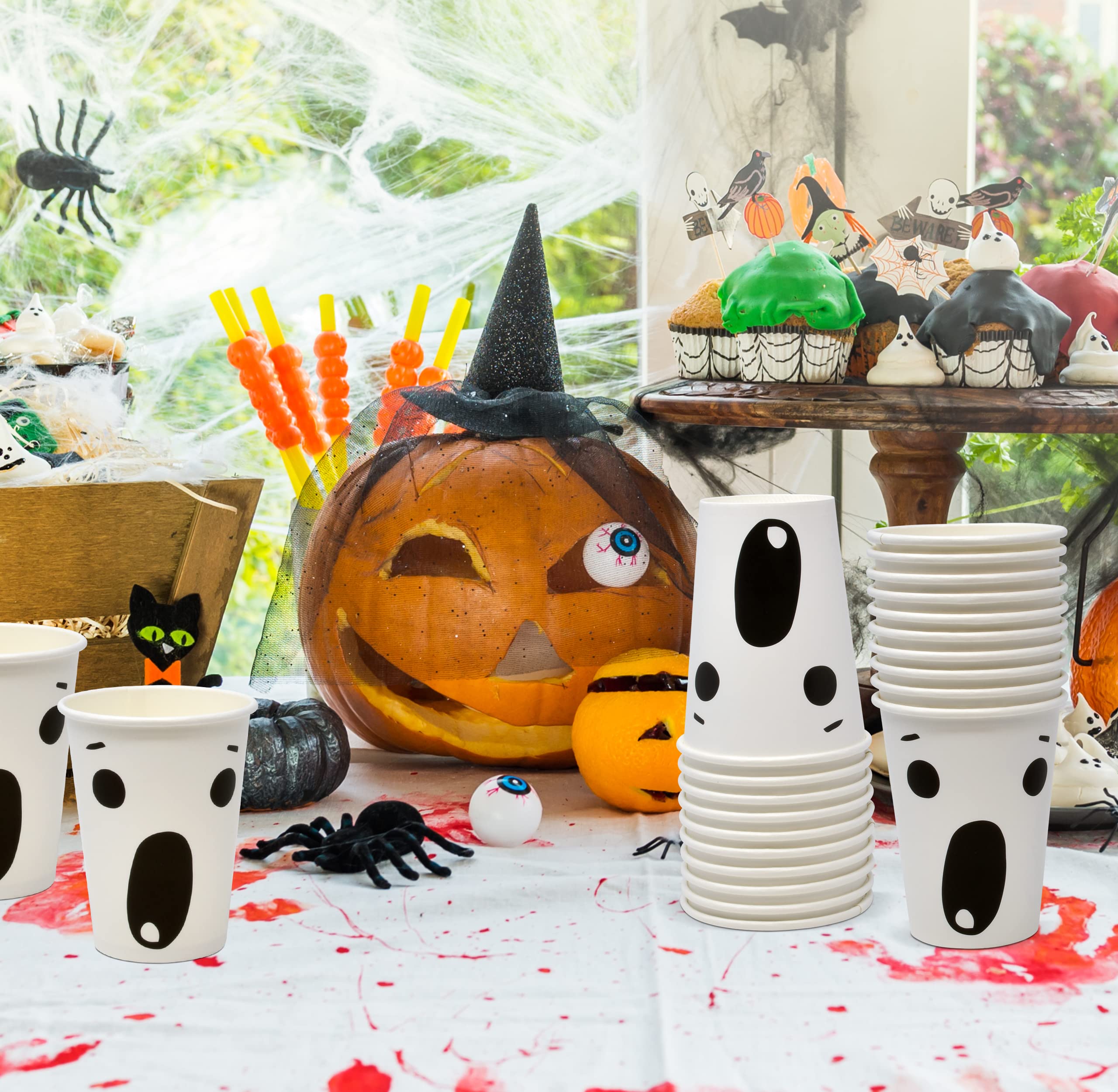 Gift Boutique 50 Halloween Ghost Disposable 9 oz. White Ghosts Face Paper Party Cup Holiday Spooky Trick or Treat Design for Beverage Drinks Drinking Cup Dinner Haunted House Supply Dinnerware Decors