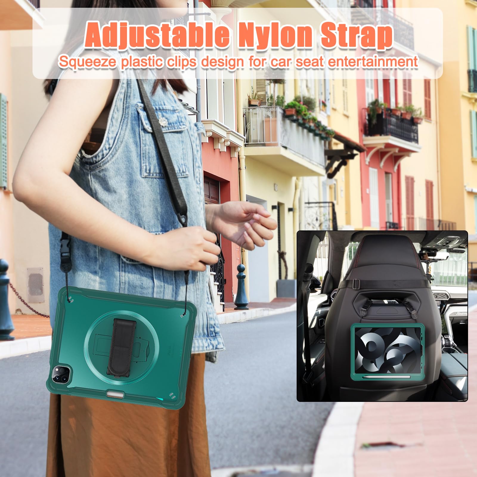 Batianda Case for iPad Pro 11-inch 2022 4th M2 Chip /2021 (3rd Generation) Heavy Duty Rugged Shockproof Tablet Cover with 360° Rotating Hand Strap Foldable Hidden Stand & Shoulder Strap, Teal