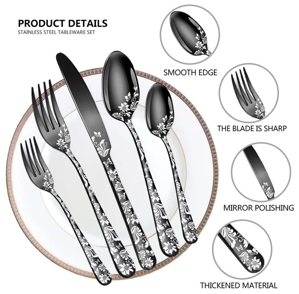 XIAOYU 5 Pieces Silverware Set, Black Flatware Set, Stainless Steel Mirror Polished Cutlery Set, Spoons Forks Knives Set with Unique Floral Laser, Rainbow