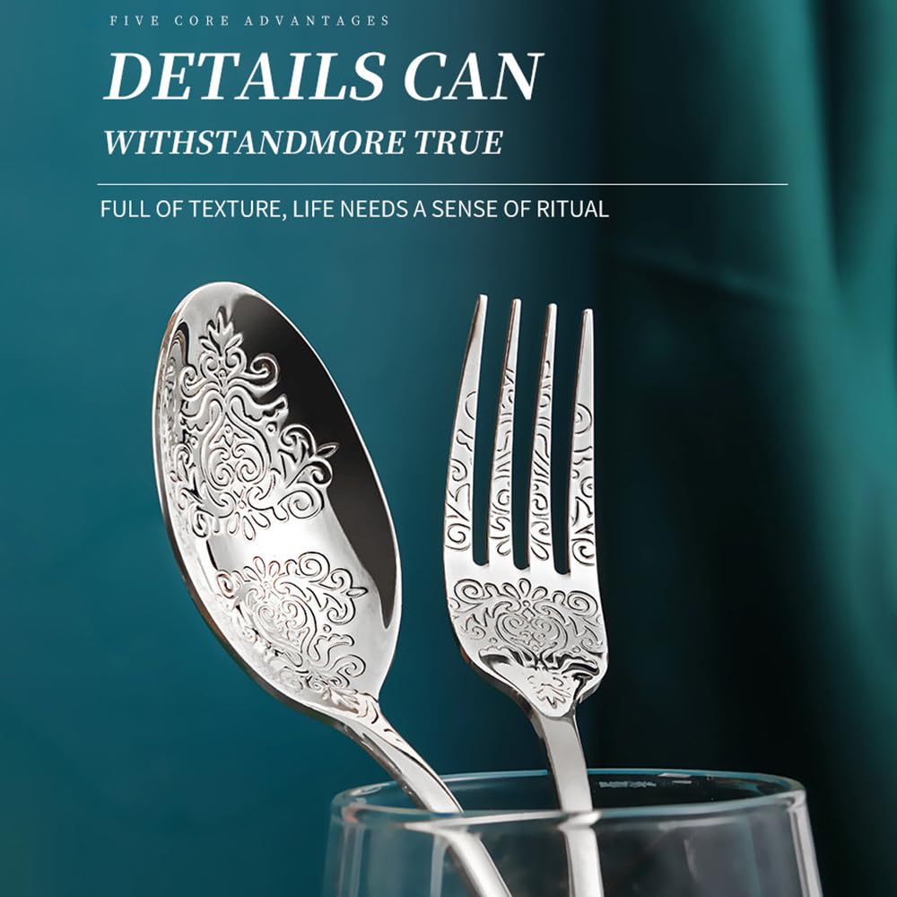Cutlery Set for 6 Sterling Silver Silverware Set Forks Utensil Sets 24-PCS Apartment Essentials Kitchen Utensils Set Mirror Polished Glyphs Durable Ergonomic Dishwasher Safe Family Gatherings Silver