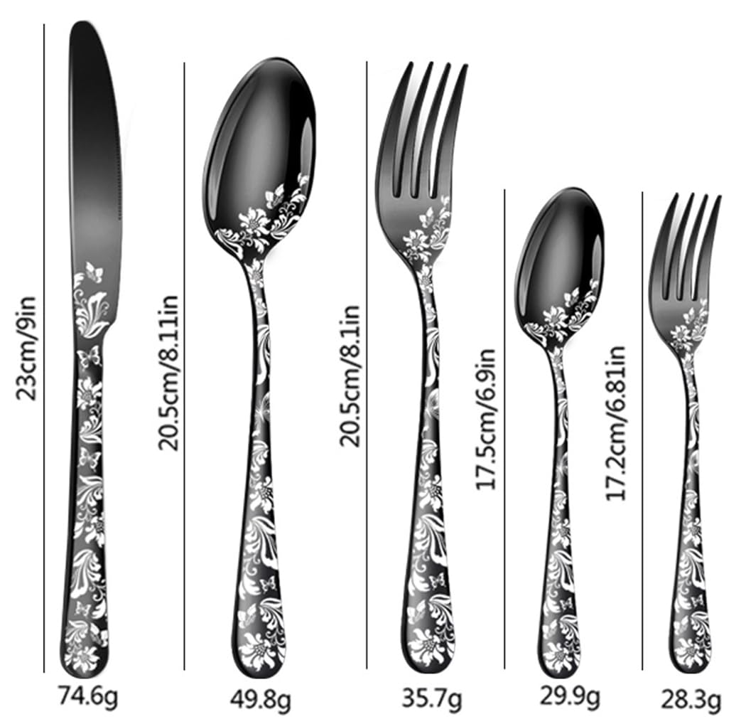XIAOYU 5 Pieces Silverware Set, Black Flatware Set, Stainless Steel Mirror Polished Cutlery Set, Spoons Forks Knives Set with Unique Floral Laser, Rainbow