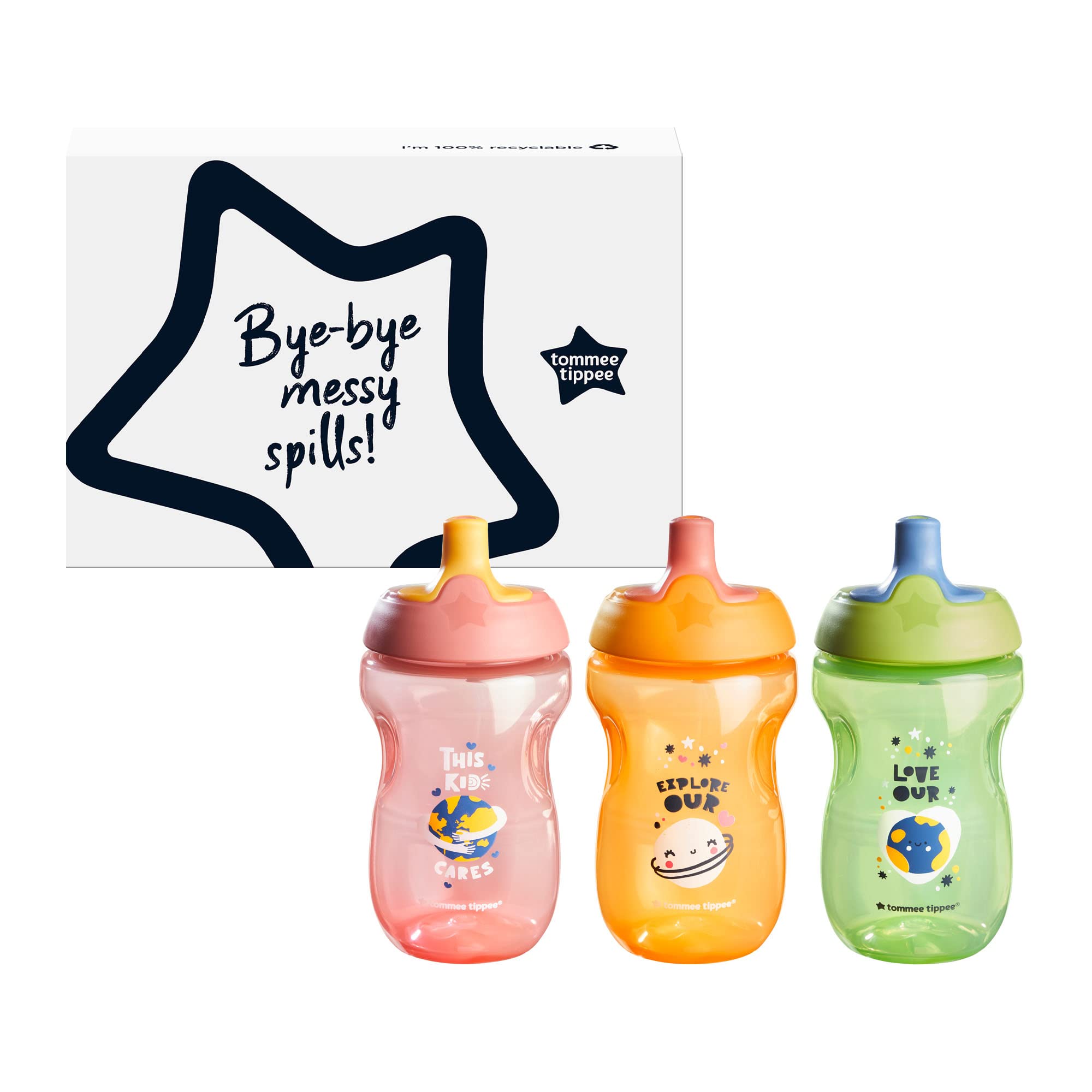 Tommee Tippee Sportee Water Bottle for Toddlers, 12 months+, 10oz, Spill-Proof Sippy Cup, Easy to Hold, Bite Resistant Spout, Pack of 3, Pink, Green and Orange