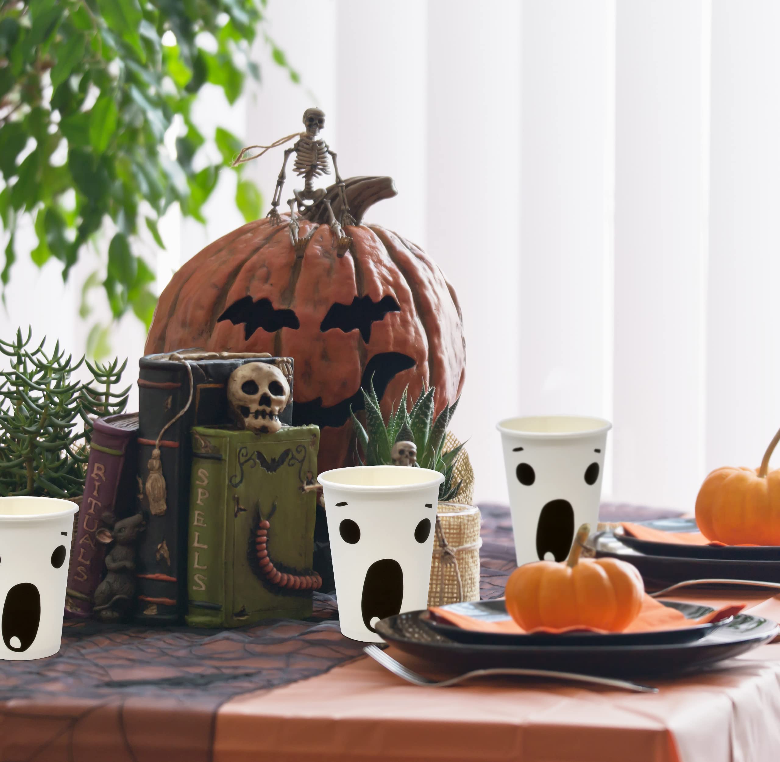 Gift Boutique 50 Halloween Ghost Disposable 9 oz. White Ghosts Face Paper Party Cup Holiday Spooky Trick or Treat Design for Beverage Drinks Drinking Cup Dinner Haunted House Supply Dinnerware Decors