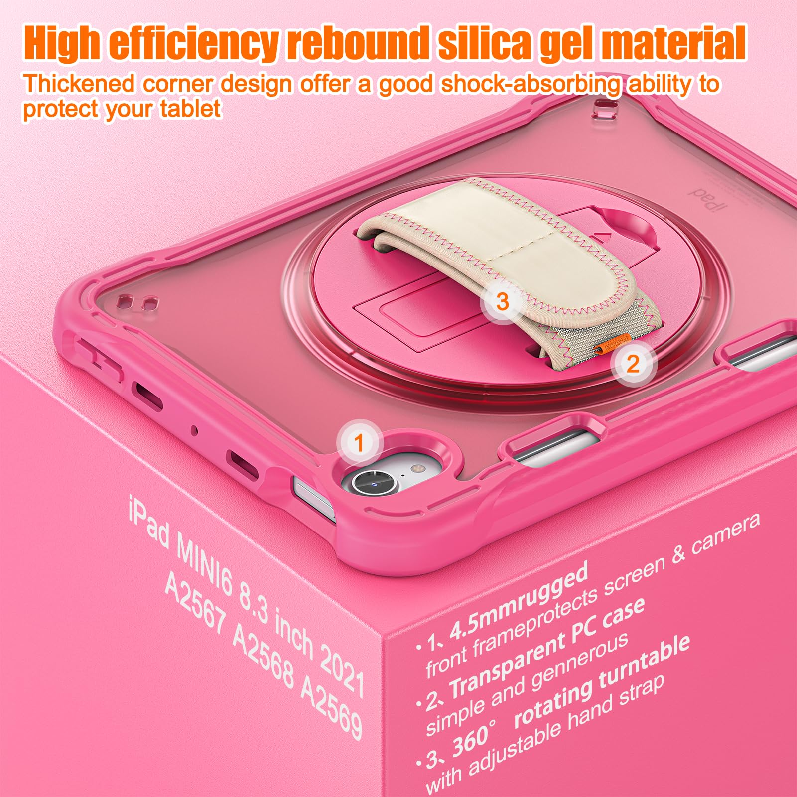 Batianda Case for iPad Mini 6 8.3 Inch 2021 with Pencil Holder Heavy Duty Rugged Shockproof Tablet Cover with 360° Rotating Hand Strap Foldable Hidden Stand & Shoulder Strap, Pink