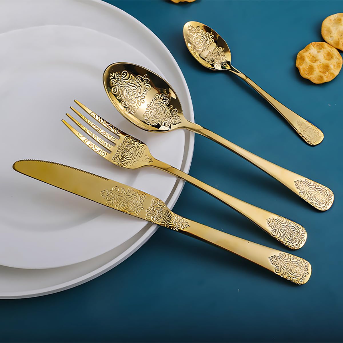 Cutlery Set for 6 Sterling Silver Silverware Set Forks Utensil Sets 24-PCS Apartment Essentials Kitchen Utensils Set Mirror Polished Glyphs Durable Ergonomic Dishwasher Safe Family Gatherings Silver