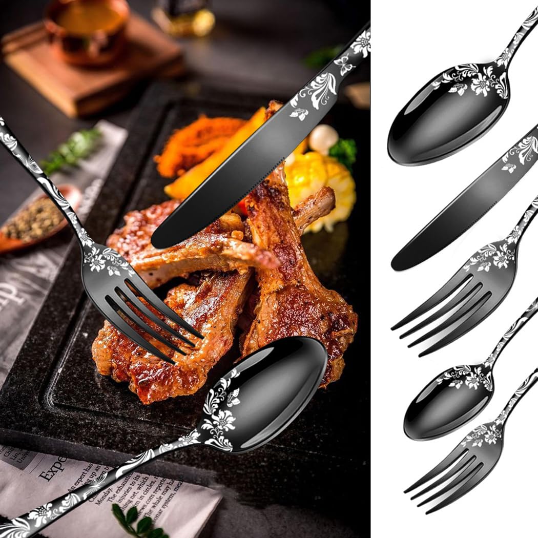 XIAOYU 5 Pieces Silverware Set, Black Flatware Set, Stainless Steel Mirror Polished Cutlery Set, Spoons Forks Knives Set with Unique Floral Laser, Rainbow
