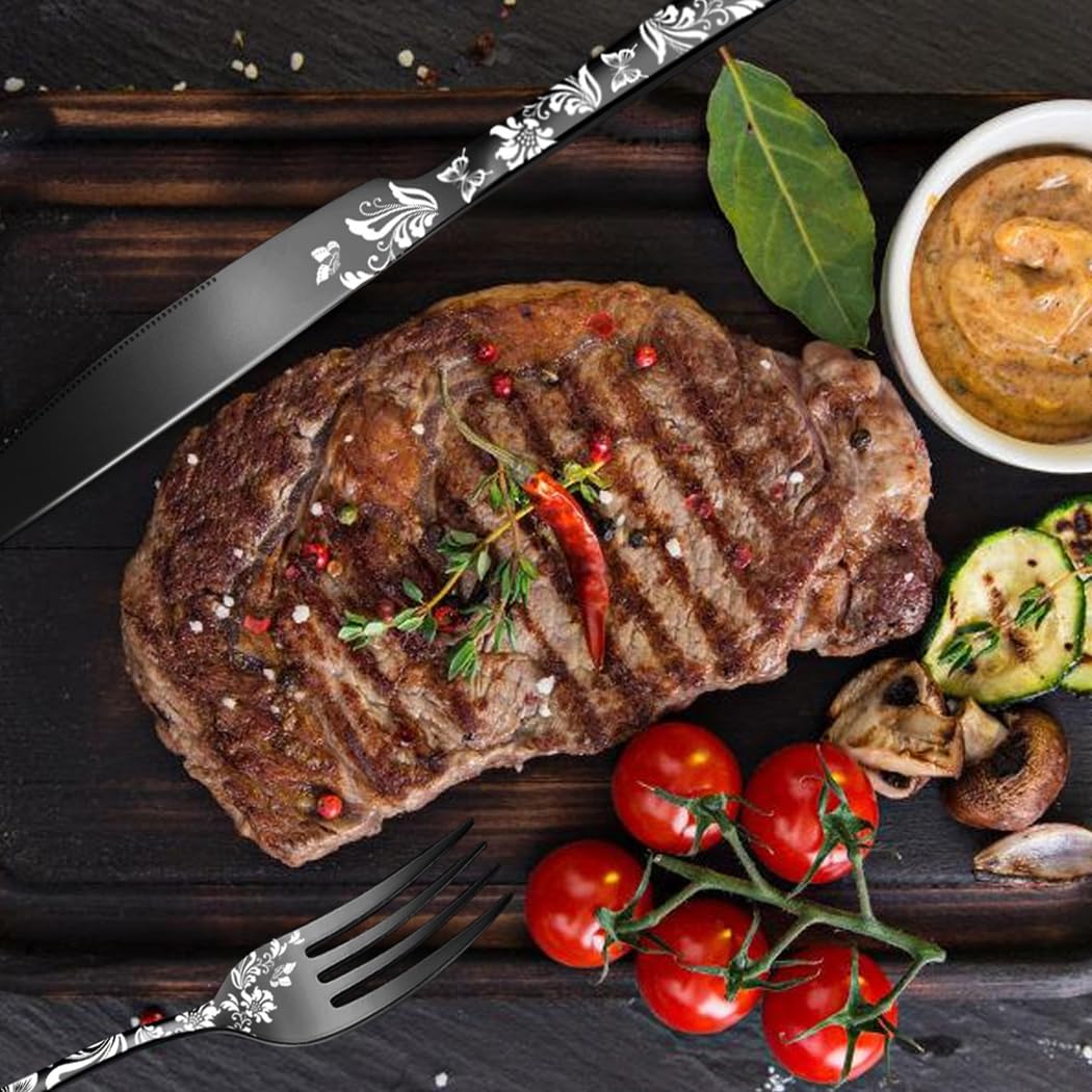 XIAOYU 5 Pieces Silverware Set, Black Flatware Set, Stainless Steel Mirror Polished Cutlery Set, Spoons Forks Knives Set with Unique Floral Laser, Rainbow