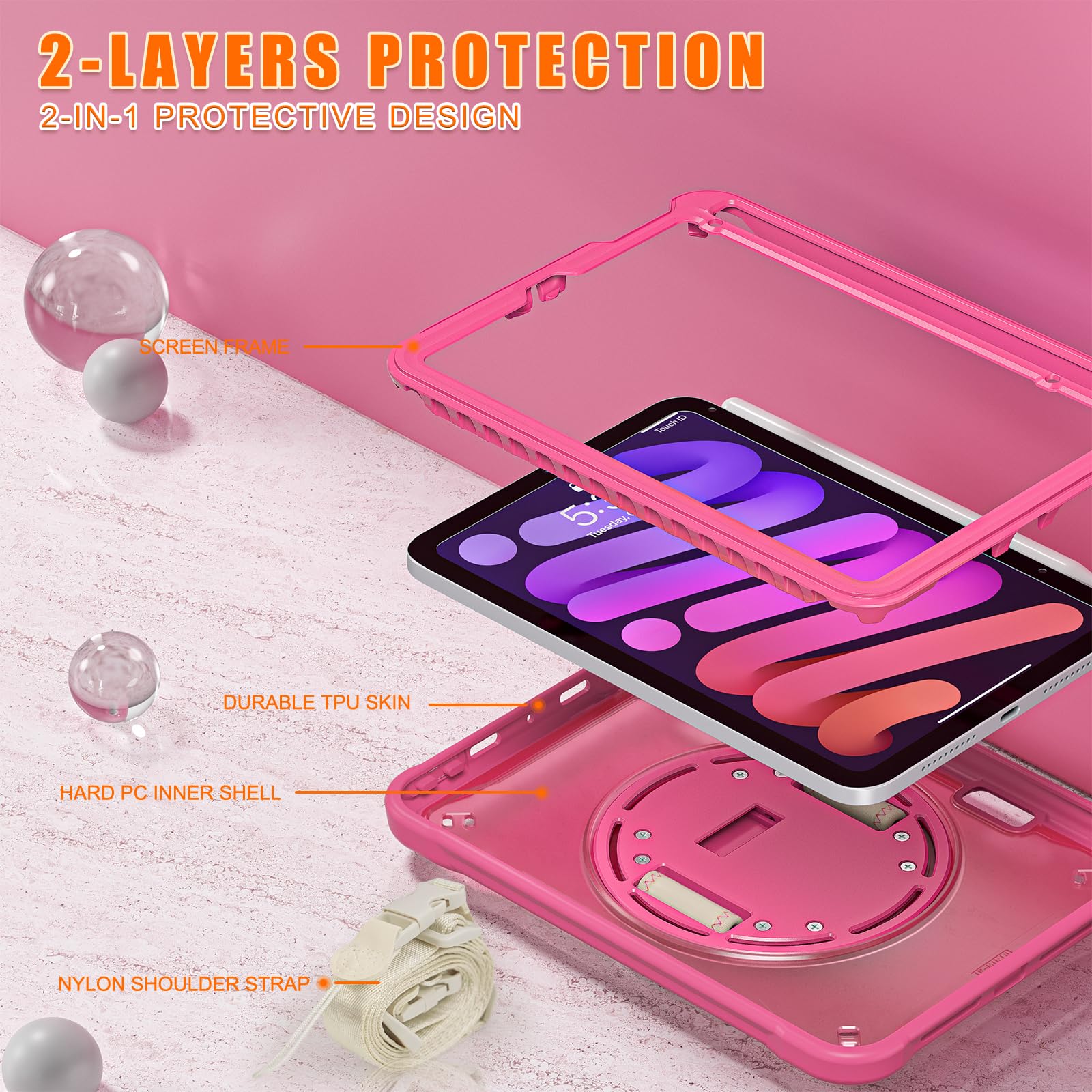 Batianda Case for iPad Mini 6 8.3 Inch 2021 with Pencil Holder Heavy Duty Rugged Shockproof Tablet Cover with 360° Rotating Hand Strap Foldable Hidden Stand & Shoulder Strap, Pink