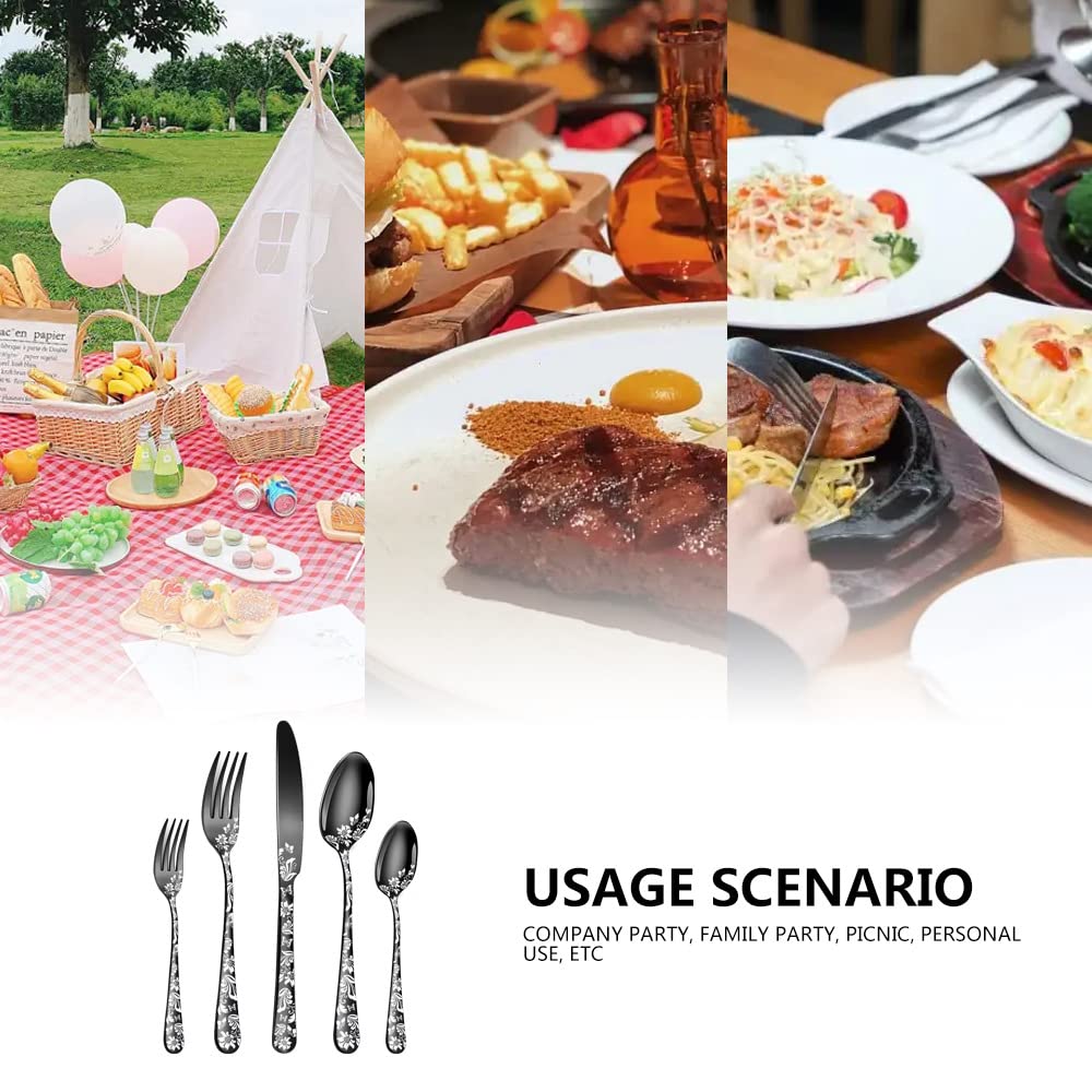 XIAOYU 5 Pieces Silverware Set, Black Flatware Set, Stainless Steel Mirror Polished Cutlery Set, Spoons Forks Knives Set with Unique Floral Laser, Rainbow