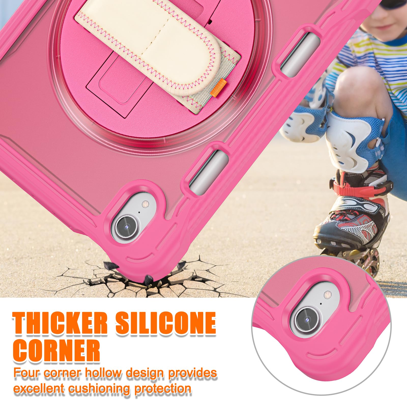 Batianda Case for iPad Mini 6 8.3 Inch 2021 with Pencil Holder Heavy Duty Rugged Shockproof Tablet Cover with 360° Rotating Hand Strap Foldable Hidden Stand & Shoulder Strap, Pink