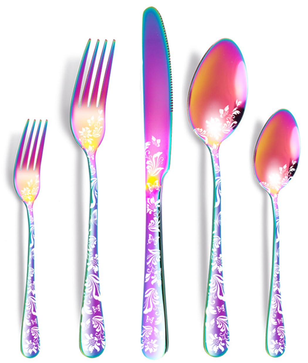 XIAOYU 5 Pieces Silverware Set, Black Flatware Set, Stainless Steel Mirror Polished Cutlery Set, Spoons Forks Knives Set with Unique Floral Laser, Rainbow