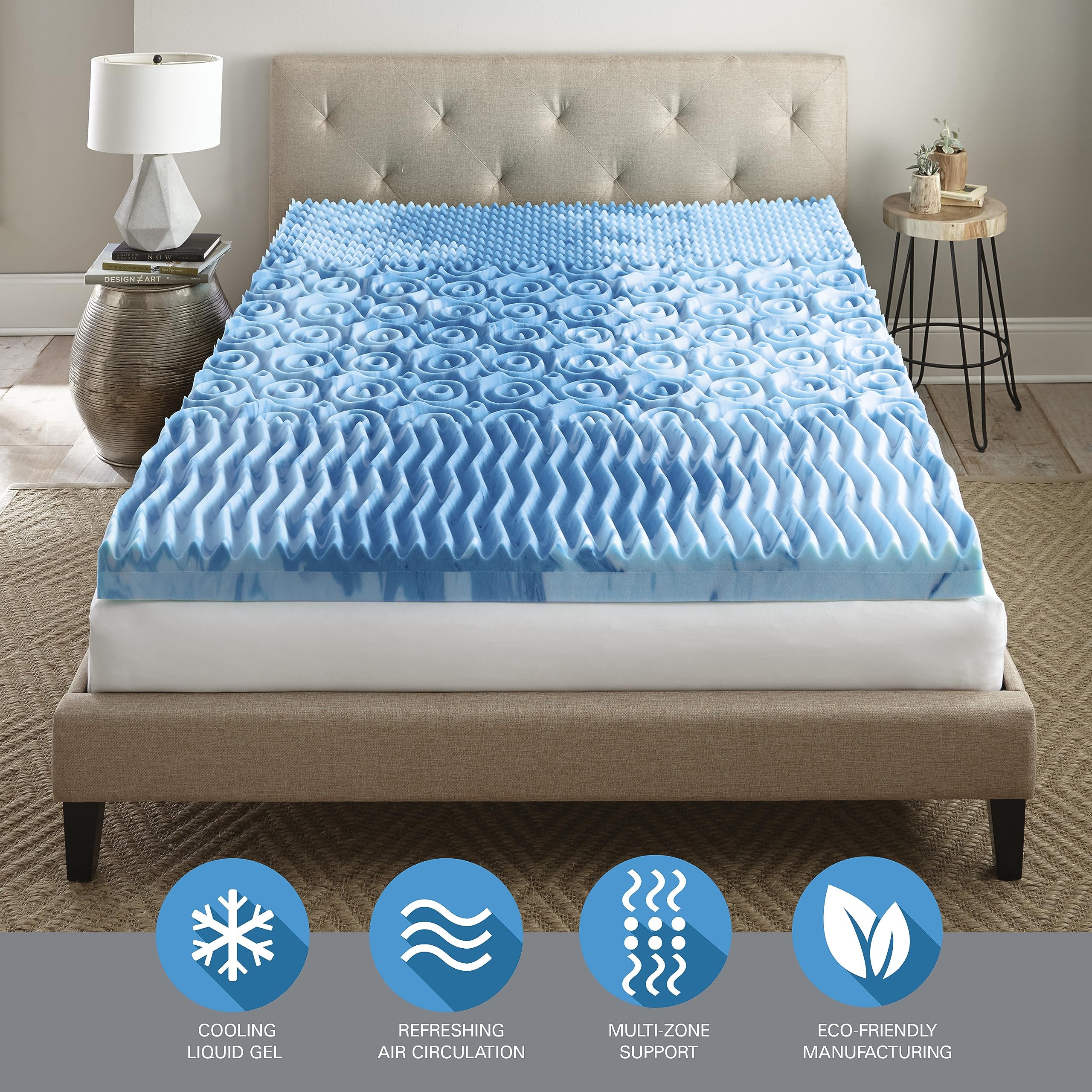 Queen Size 4" Gel Lux Memory Foam Mattress Topper: Contouring Comfort, Pressure Relief Zones, Cooling Gel Infusion, Air Flow Tech, Medium Firm Support, CertiPUR-US Certified
