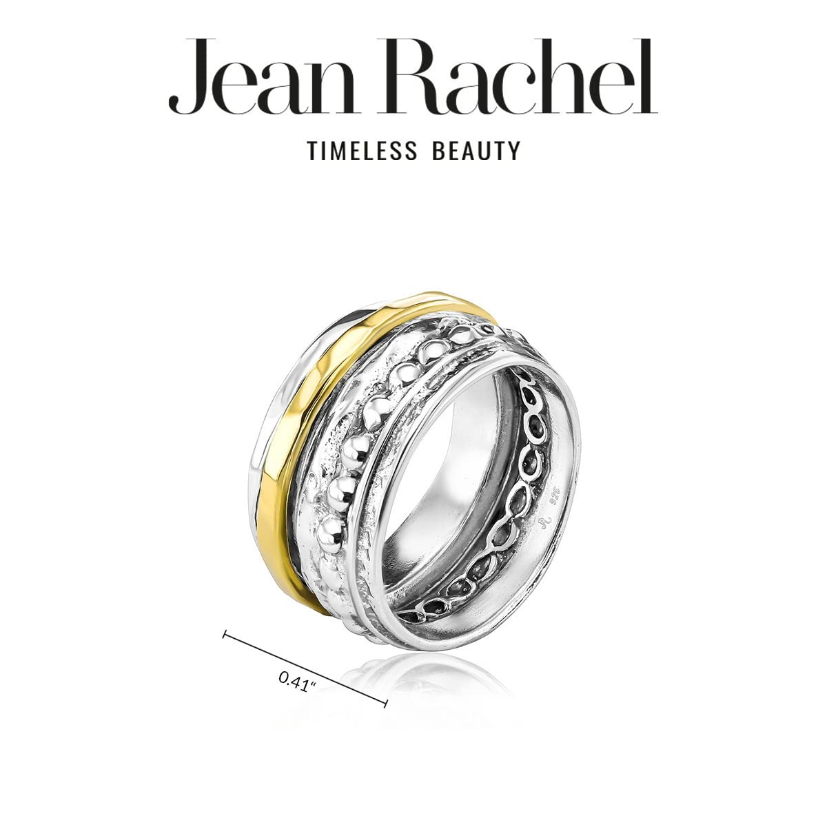 925 Sterling Silver/14K Gold Plated Silver Spinner Ring Unisex, Bold Hammered Beaded/Freshwater Pearl Floral Etched and Hammered, Oxidized, Hypoallergenic, Nickel Lead-free, Made in Israel (Size 5-11)