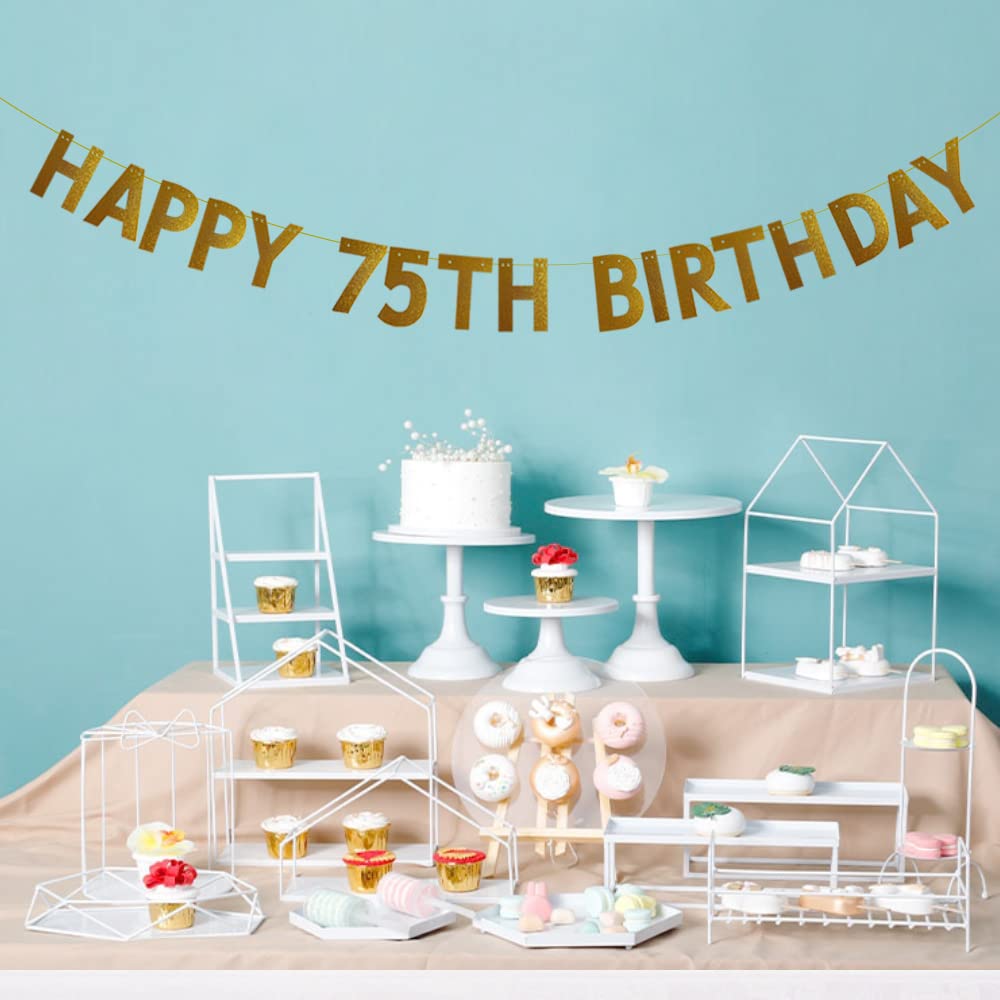 HAPPY 75TH BIRTHDAY Banner，Pre-strung，No Assembly Required，75th Birthday Party Decorations Supplies，Gold Glitter Paper Garlands Backdrops, Letters Gold Betteryanzi