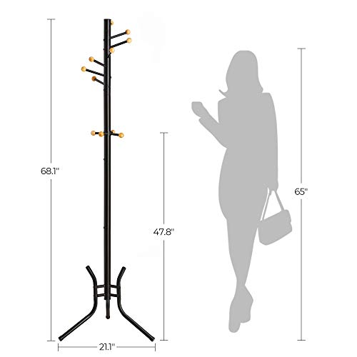 SONGMICS Coat Rack, Freestanding Metal Coat Tree, 11 Hooks with Ball Ends, for Entryway, Bedroom, Living Room, Black URCR028B01