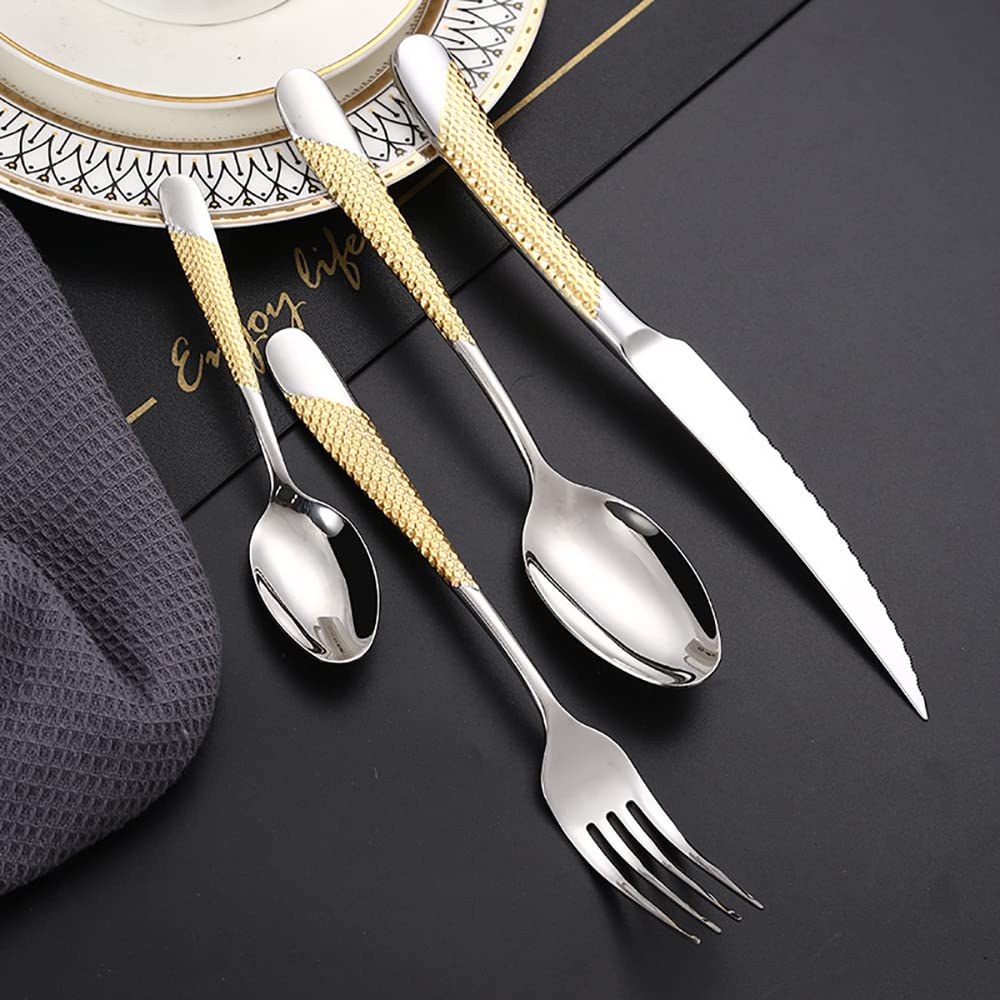 Gold Hammered Silverware Set for 6 Modern Cutlery Utensils 18/10 Stainless Steel Flatware Set 24 Piece Include Knives Forks and Spoons Tableware Set for Home Kitchen Wedding Restaurant Party (Color :