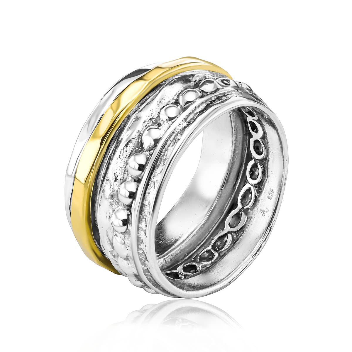 925 Sterling Silver/14K Gold Plated Silver Spinner Ring Unisex, Bold Hammered Beaded/Freshwater Pearl Floral Etched and Hammered, Oxidized, Hypoallergenic, Nickel Lead-free, Made in Israel (Size 5-11)