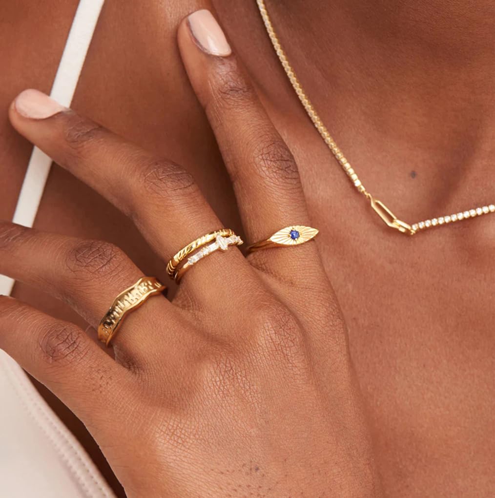 Aobei Pearl 18K Gold Plated Irregular Wave Open Ring for Women Minimalist Band Ring Adjustable Knuckle Finger Jewelry