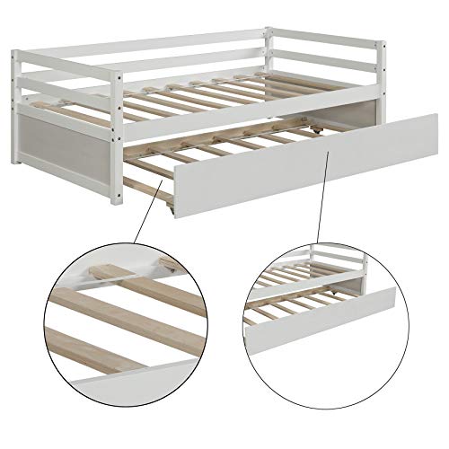 Hanway Twin Daybed with Trundle โ Pine Wood Material Bed Frames โ Elegant Furniture for Compact Rooms โ Bedroom Accessories Ideal for Small Living Spaces โ Classic White Paint Coating