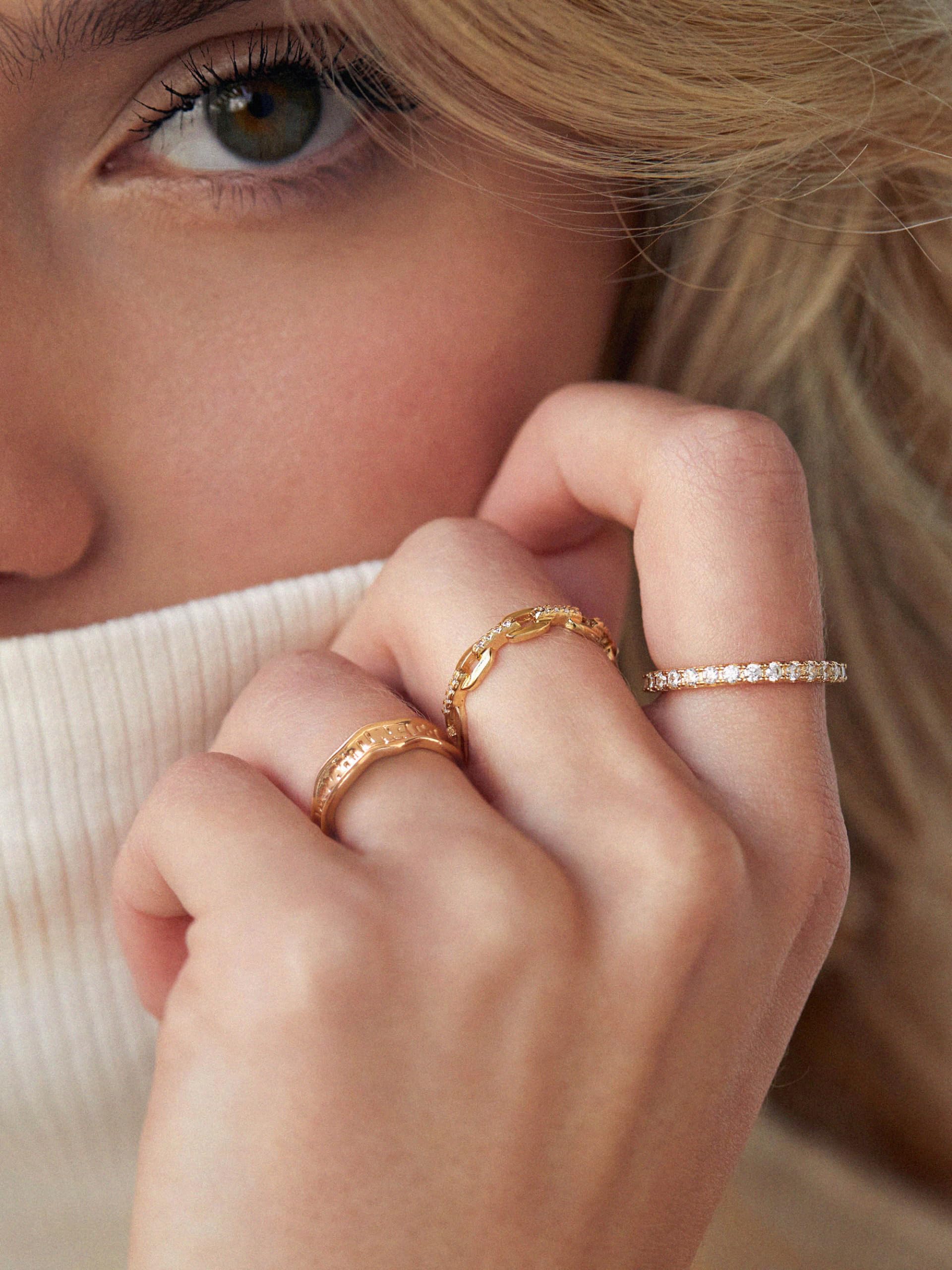 Aobei Pearl 18K Gold Plated Irregular Wave Open Ring for Women Minimalist Band Ring Adjustable Knuckle Finger Jewelry