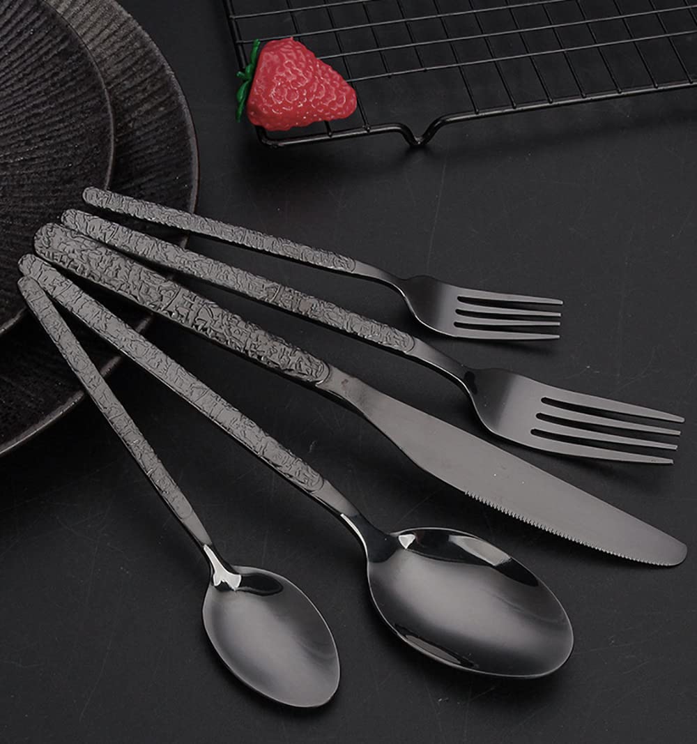 Black Silverware Set 70 Piece Flatware Sets for 14 With Stone Grain Handle Stainless Steel Home Kitchen Wedding Restaurant Cutlery Utensils Include Teaspoons Knifes Forks and Spoons Tableware Set