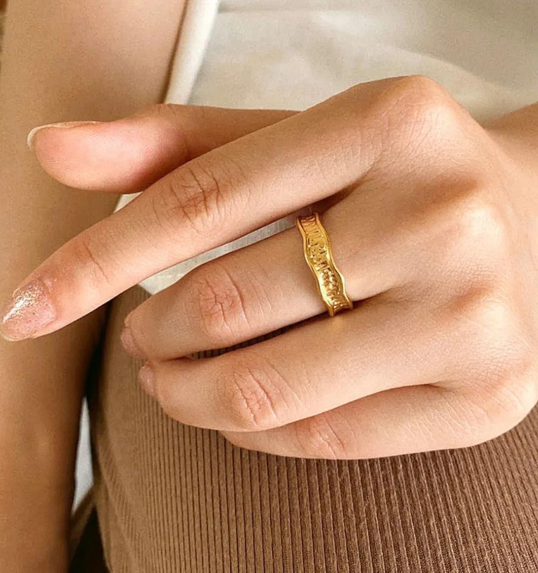 Aobei Pearl 18K Gold Plated Irregular Wave Open Ring for Women Minimalist Band Ring Adjustable Knuckle Finger Jewelry