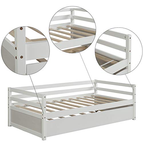 Hanway Twin Daybed with Trundle โ Pine Wood Material Bed Frames โ Elegant Furniture for Compact Rooms โ Bedroom Accessories Ideal for Small Living Spaces โ Classic White Paint Coating