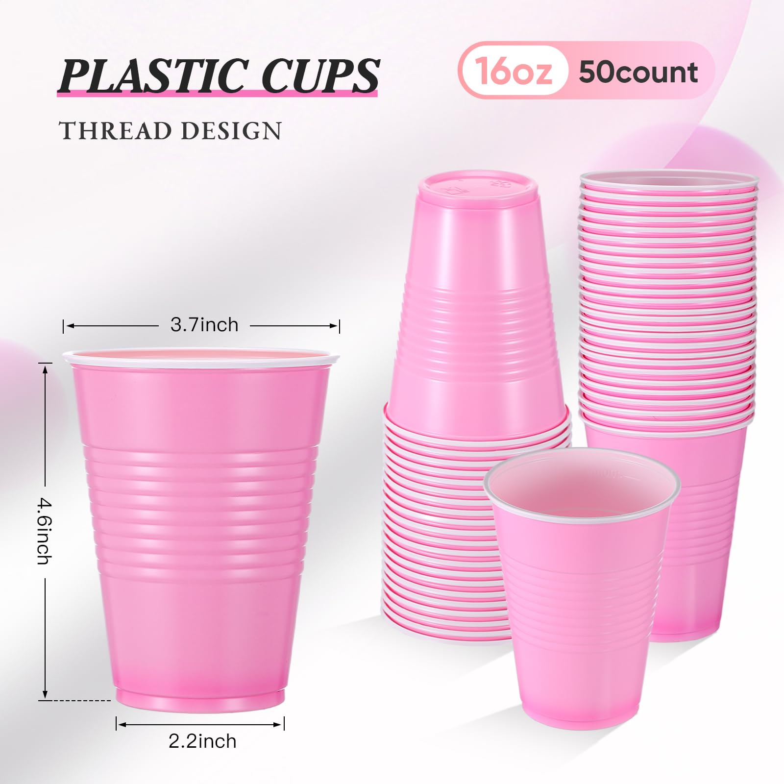 Mifoci 50 Pcs 16 oz Plastic Drinking Cups Plastic Disposable Cups for Wedding graduation Birthday Party Valentine Christmas Picnics Barbecues Supplies(Pink)