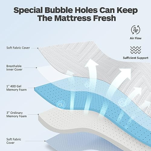 Twin XL Mattress Topper 4 Inch Gel Memory Foam Cooling Mattress Pad for College Dorm Bed, Double Sided Fabric Cover for Double Sided Use Bed Topper Comfort Support Pain Relief (Removable Soft Cover)