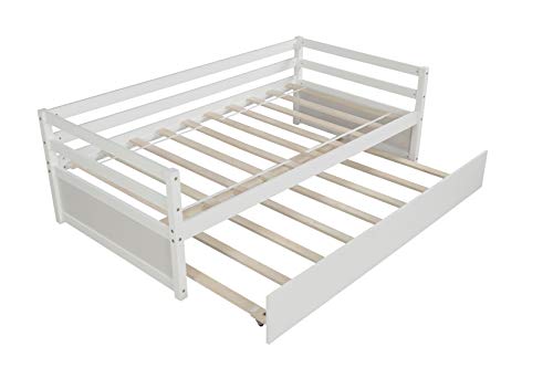 Hanway Twin Daybed with Trundle โ Pine Wood Material Bed Frames โ Elegant Furniture for Compact Rooms โ Bedroom Accessories Ideal for Small Living Spaces โ Classic White Paint Coating