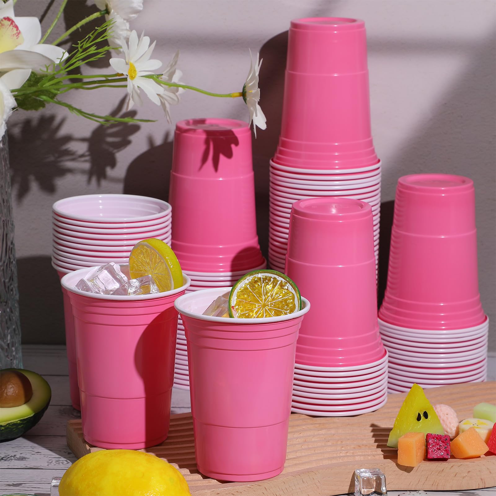 Mifoci 400 Pcs 16 oz Disposable Cups Bulk Large Plastic Cups Pack for Thanksgiving Christmas wedding Drinks Soda Punch Barbecues Picnics (Pink)